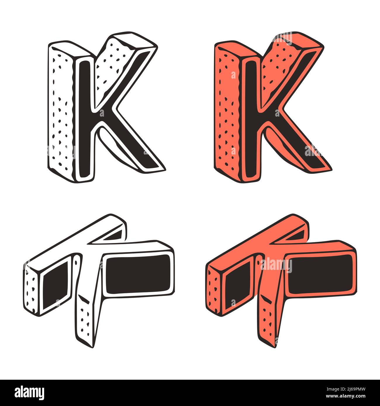 Isometric letter k doodle vector illustration on white background ...
