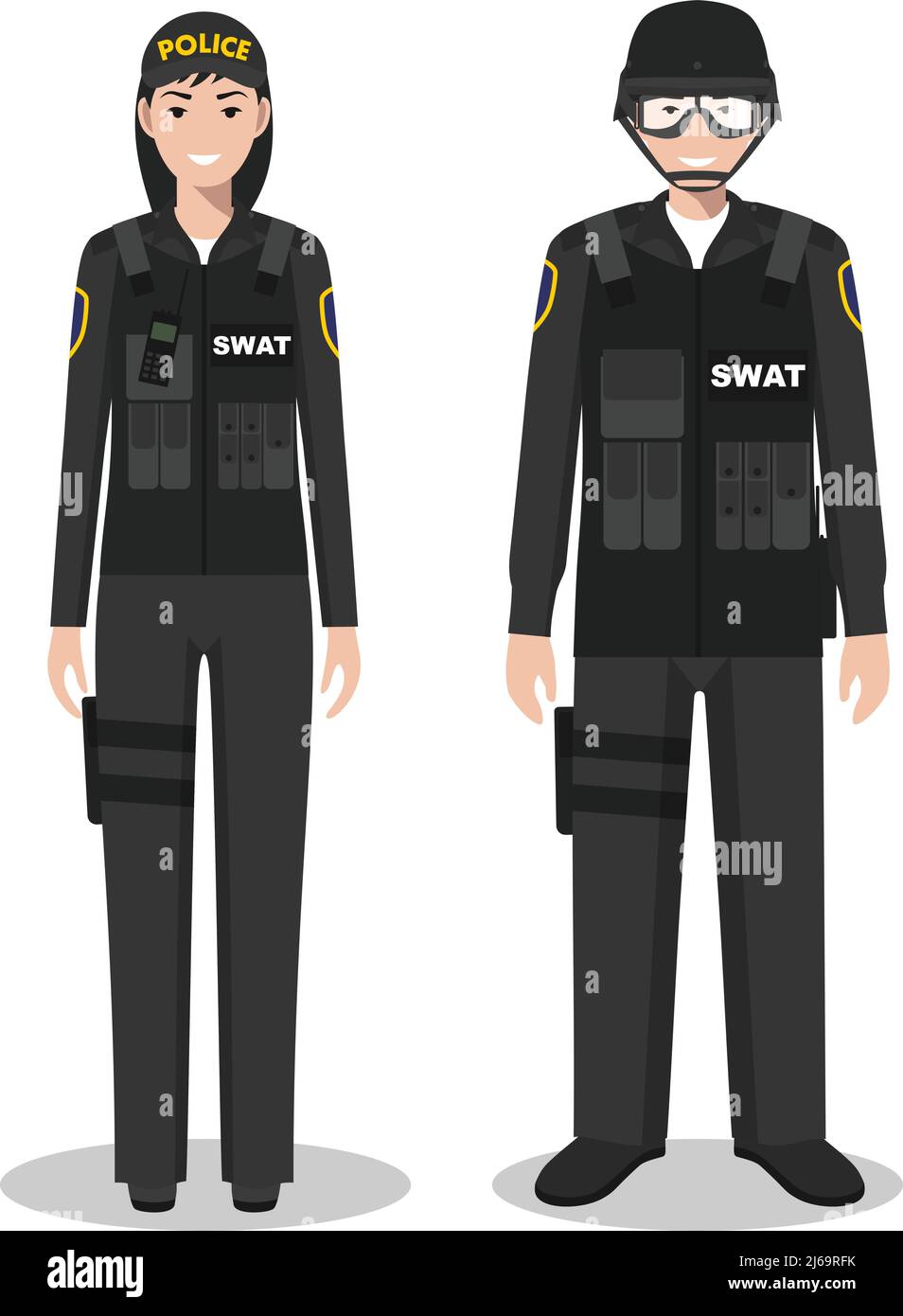 Couple of american police people isolated on white background. Set of ...