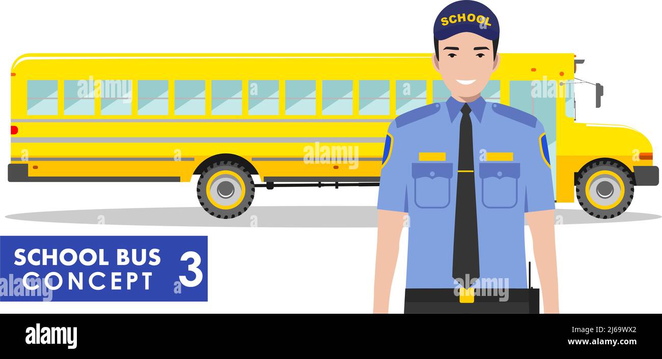 Detailed illustration of classic yellow school bus and driver in flat ...