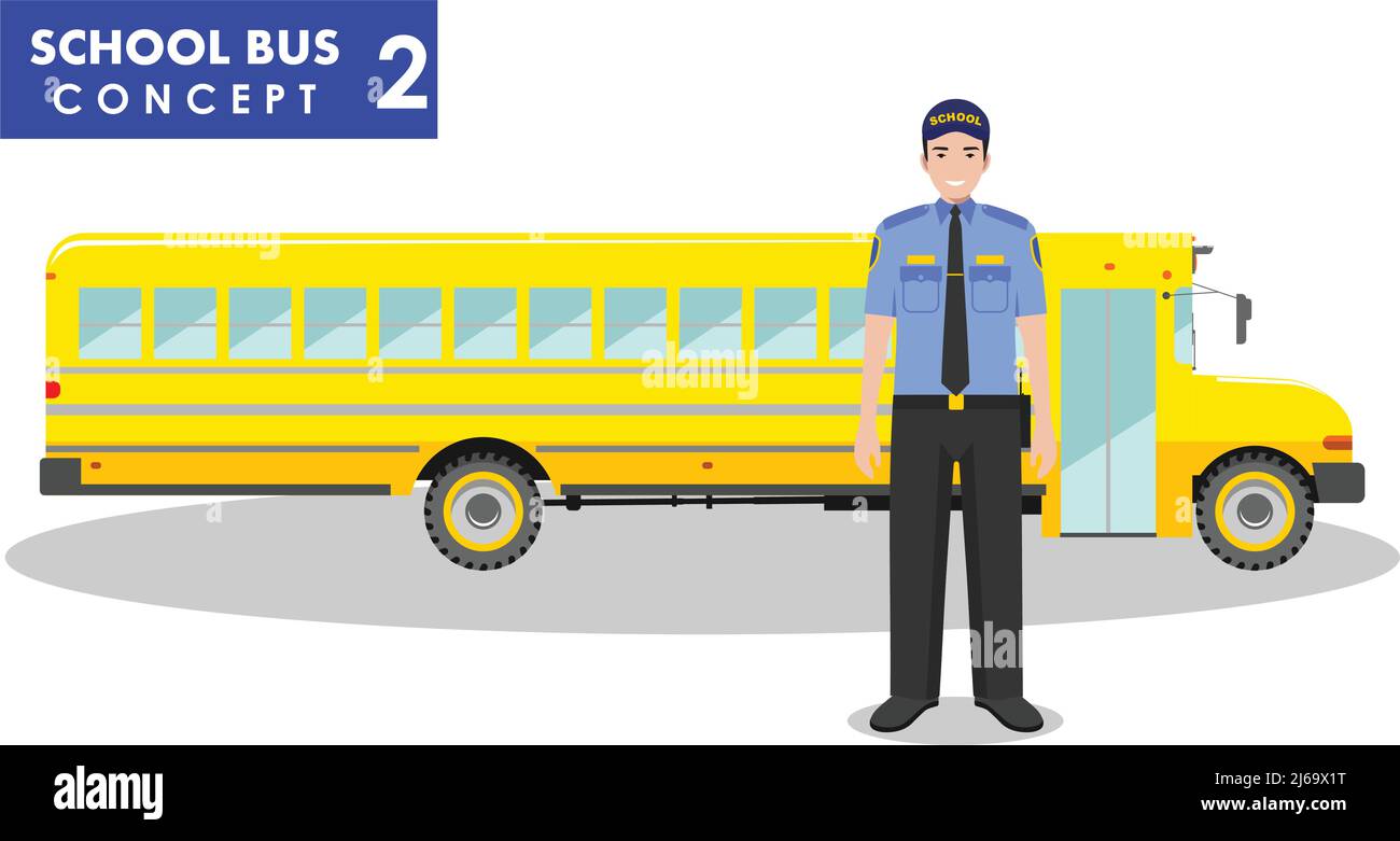 Detailed illustration of classic yellow school bus and driver in flat ...