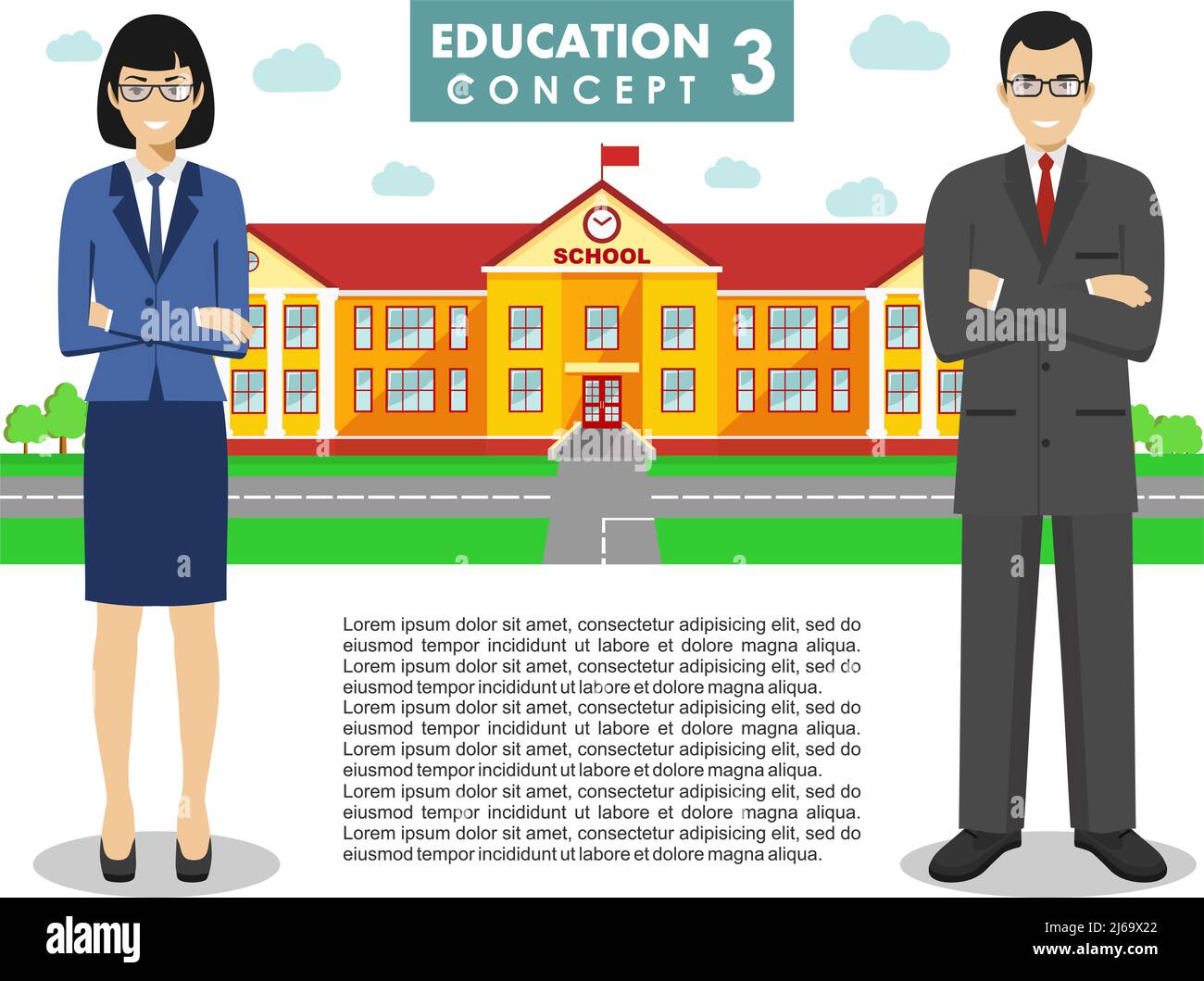 Classical school building and teachers isolated on white background ...