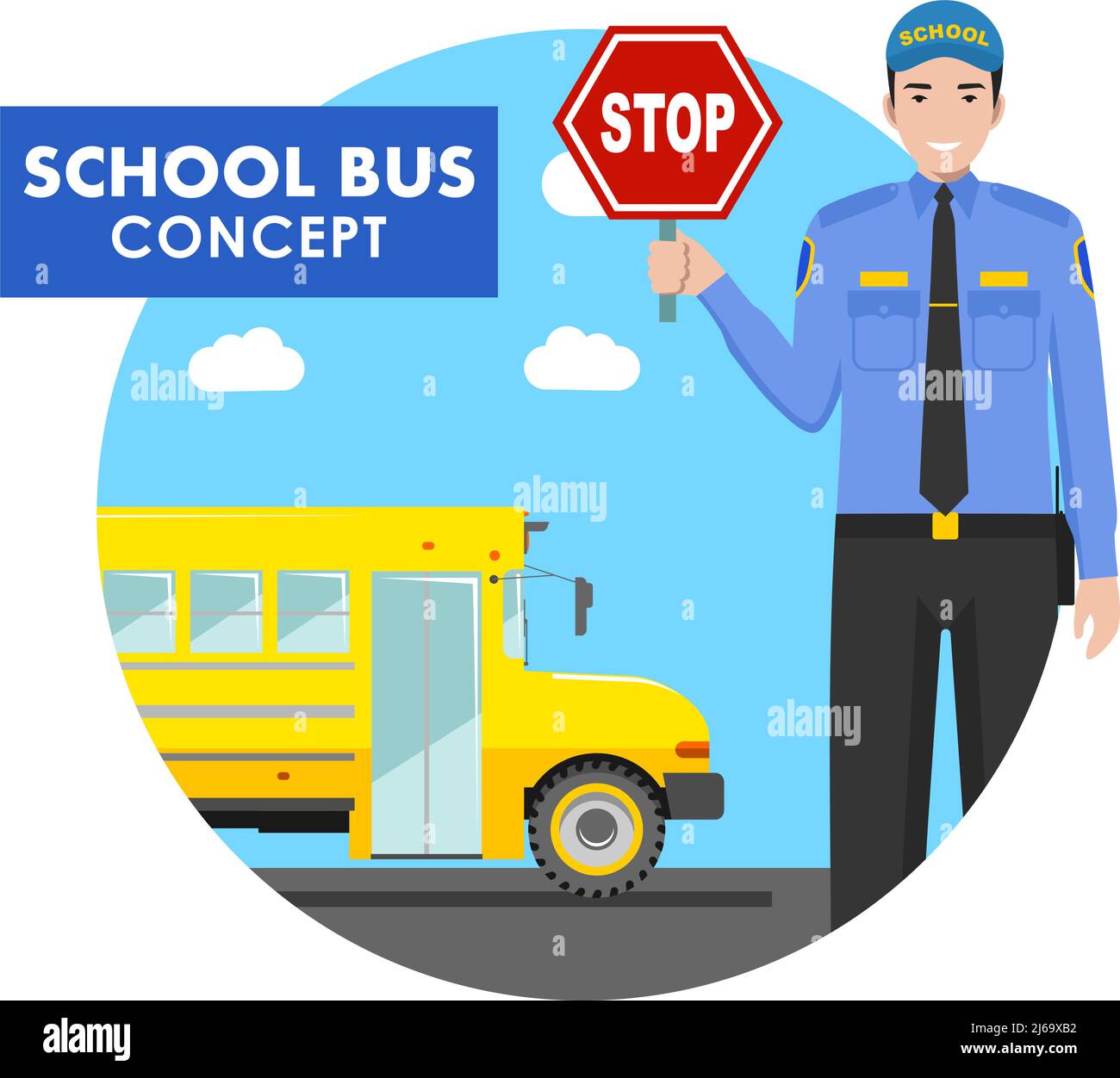 Detailed illustration of classic yellow school bus and driver in flat ...