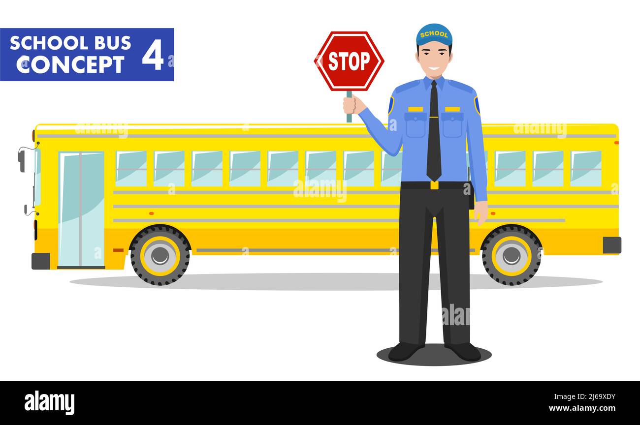 Detailed illustration of classic yellow school bus and driver with stop ...