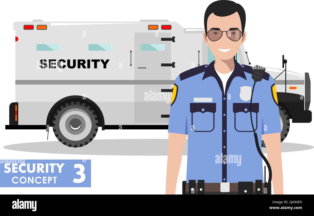 Detailed illustration of armored security car and security guard on ...