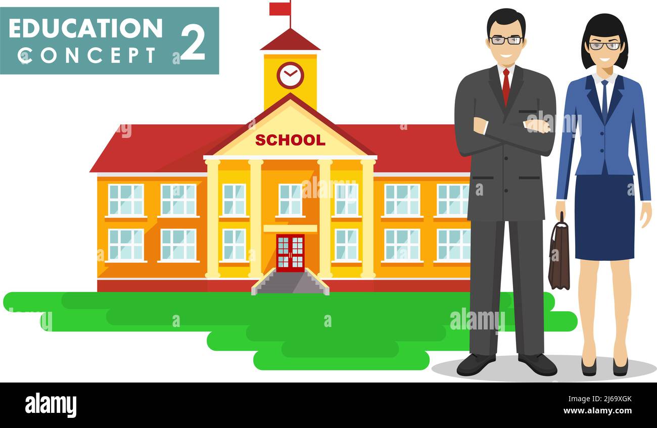 Classical school building and teachers isolated on white background ...