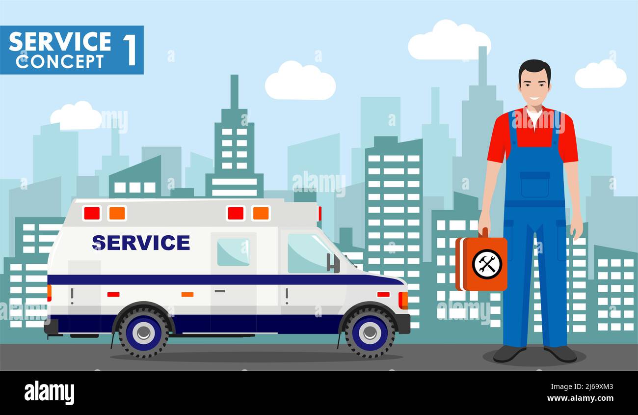 Repair service concept. Detailed illustration of master repairer and ...