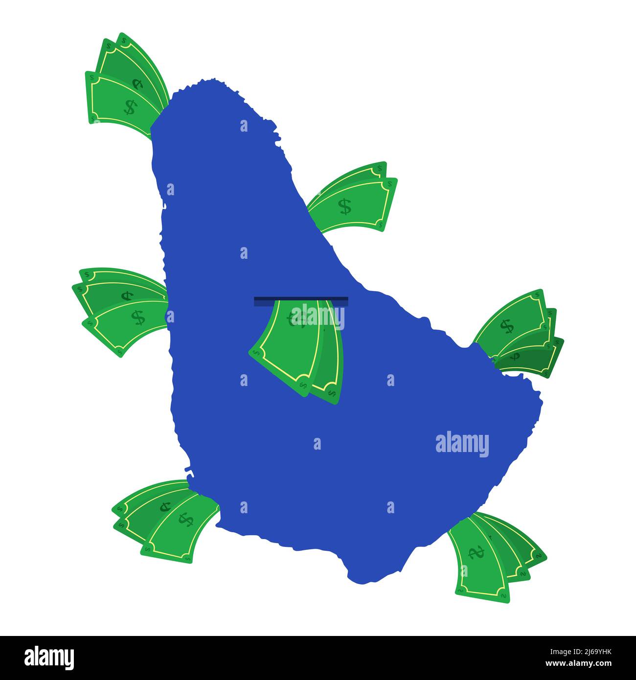 Barbados map in blue with money bills around. Money leaving the center ...