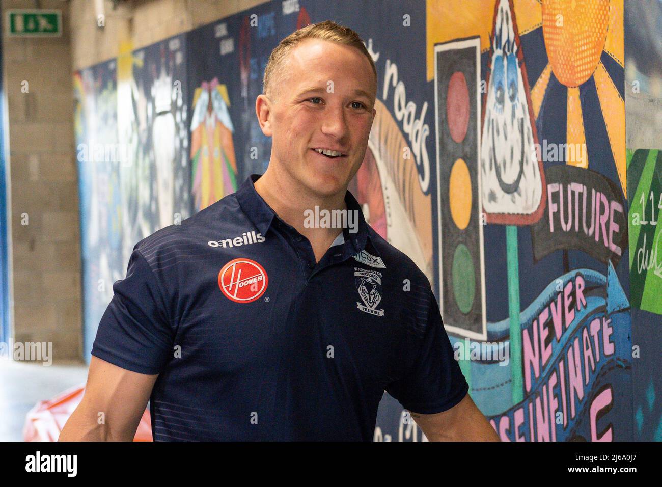 Jason Clark #14 of Warrington Wolves arrives at The Halliwell Jones ...