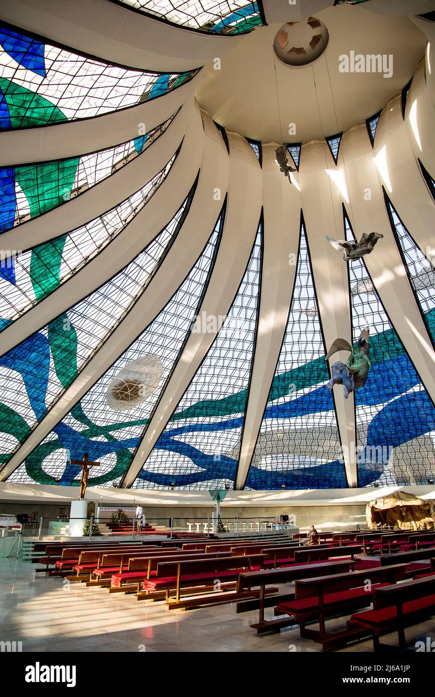 View from inside the metropolitan cathedral of Brasilia. stained glass ...