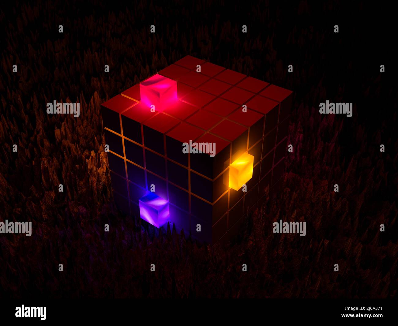 Abstract cube of cubes with emissive color cubes on a rocky surface ...