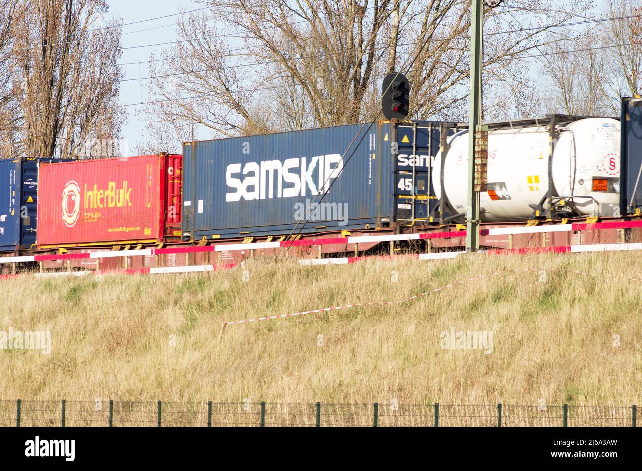 Arnhem, Netherlands - March 17, 2022: Part of a large freight train ...