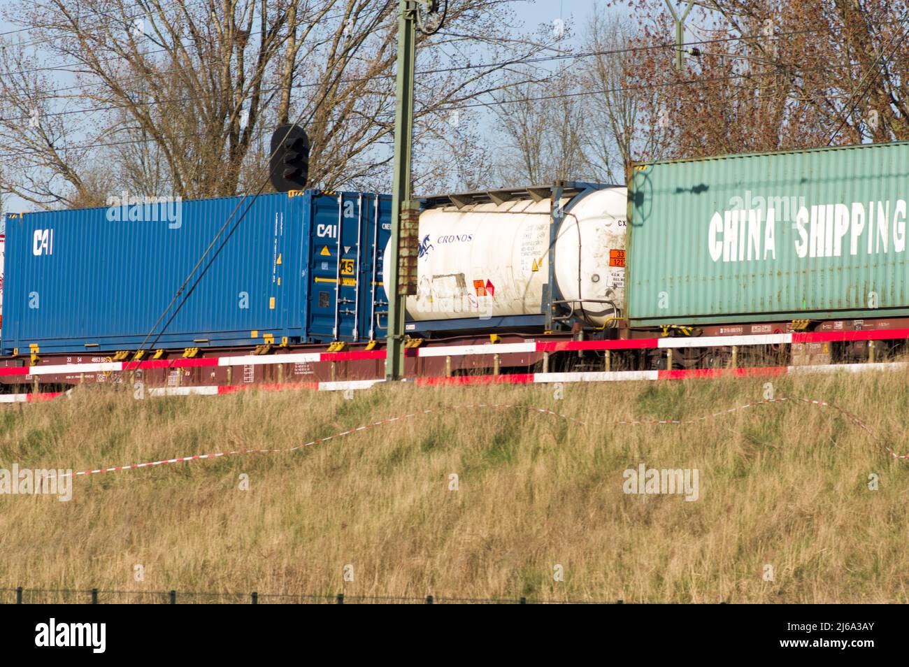 Arnhem, Netherlands - March 17, 2022: Part of a large freight train ...