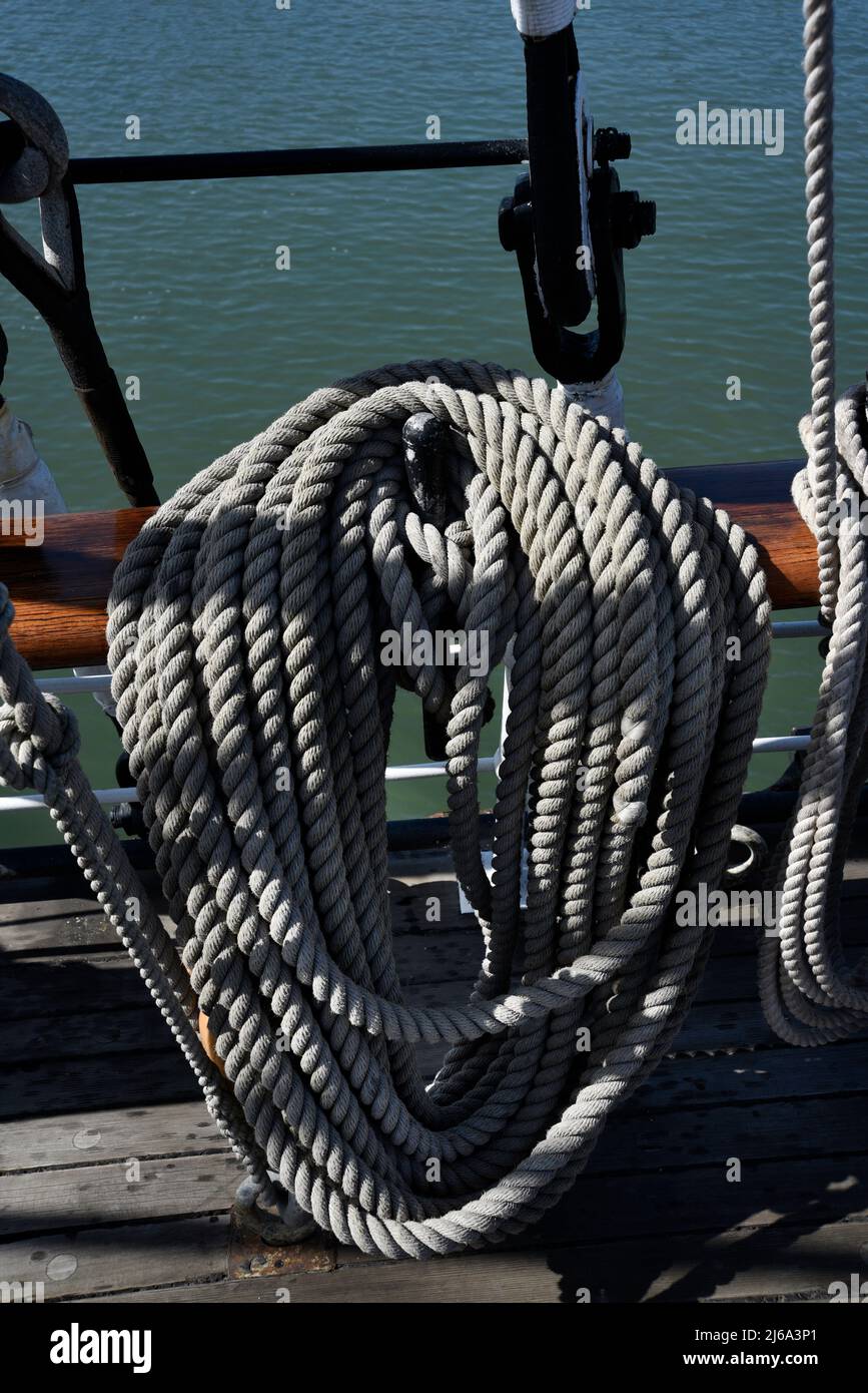 Ropes and riggings on the Balclutha, a square-rigger sailing ship built ...