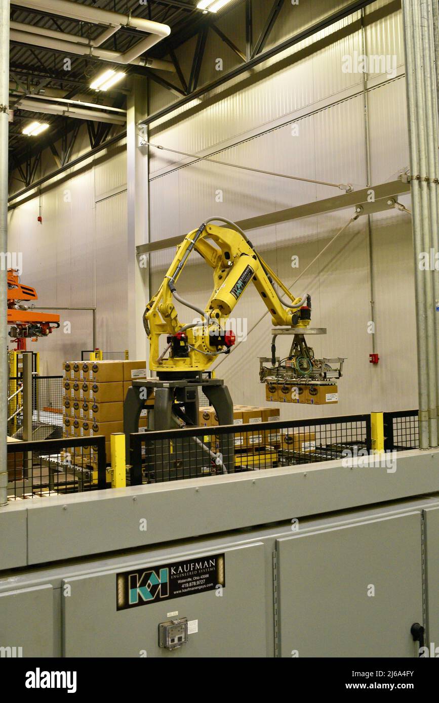 Robotic machine stacking pallet of cranberry juice boxes in the modern ...