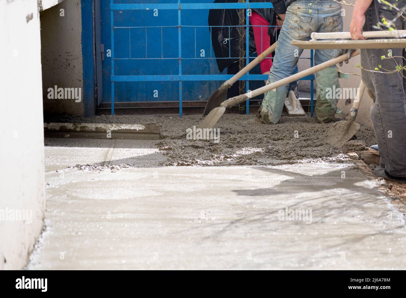 Construction workers aligns concrete screed. Construction, Foundation ...