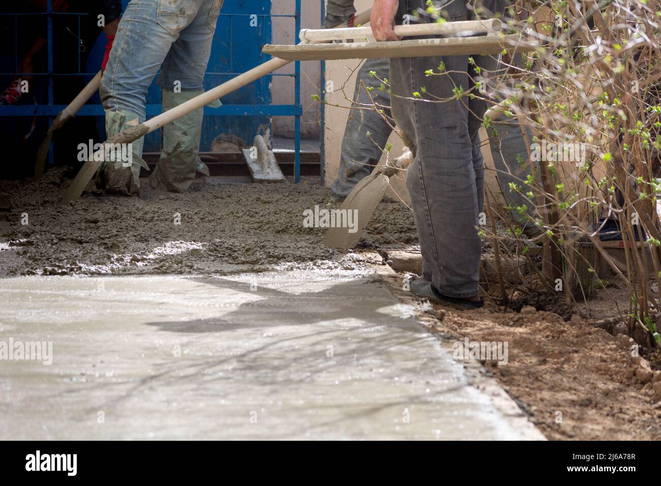 Construction workers aligns concrete screed. Construction, Foundation ...