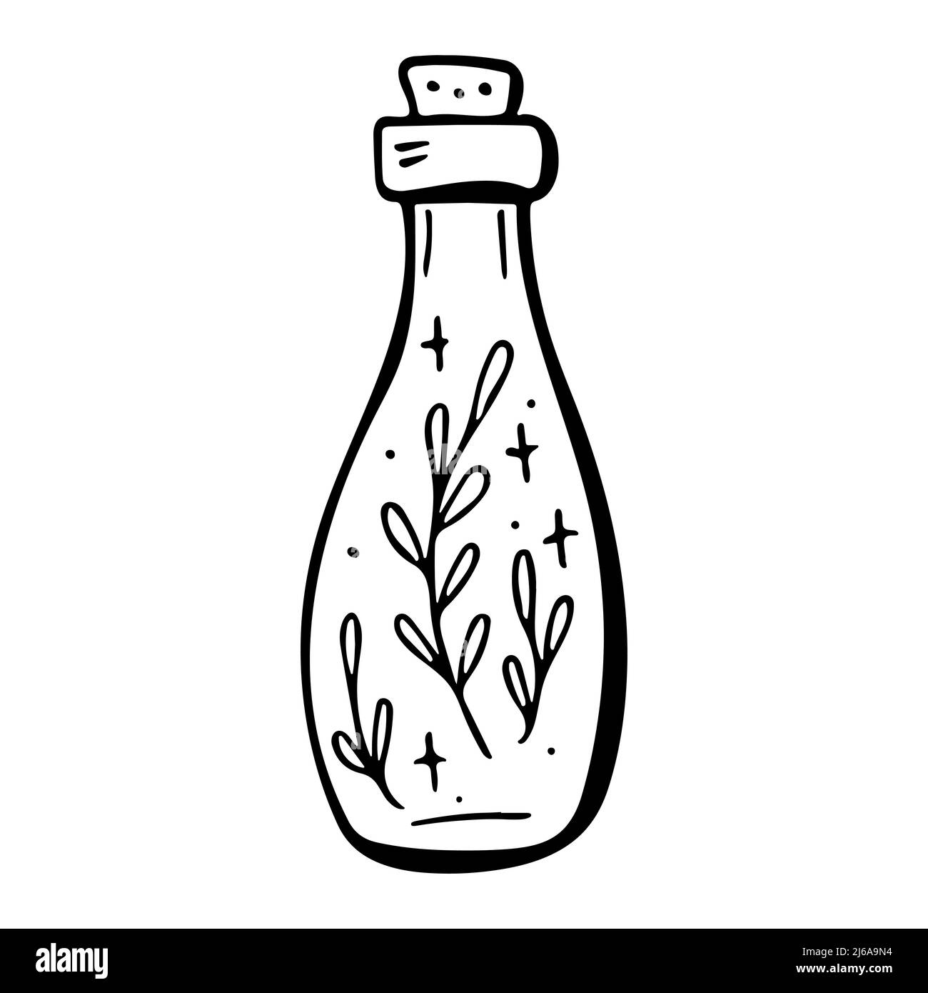Vector doodle bottle of magic potion with leaves and floral. Hand drawn ...