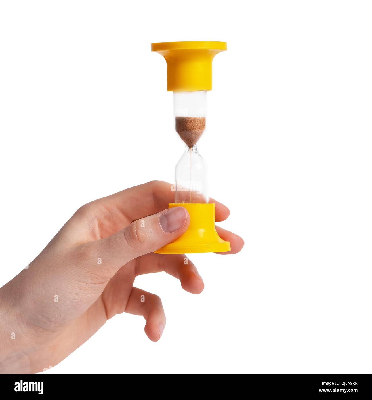 Woman hand holding sand clock isolated on white background. Time ...