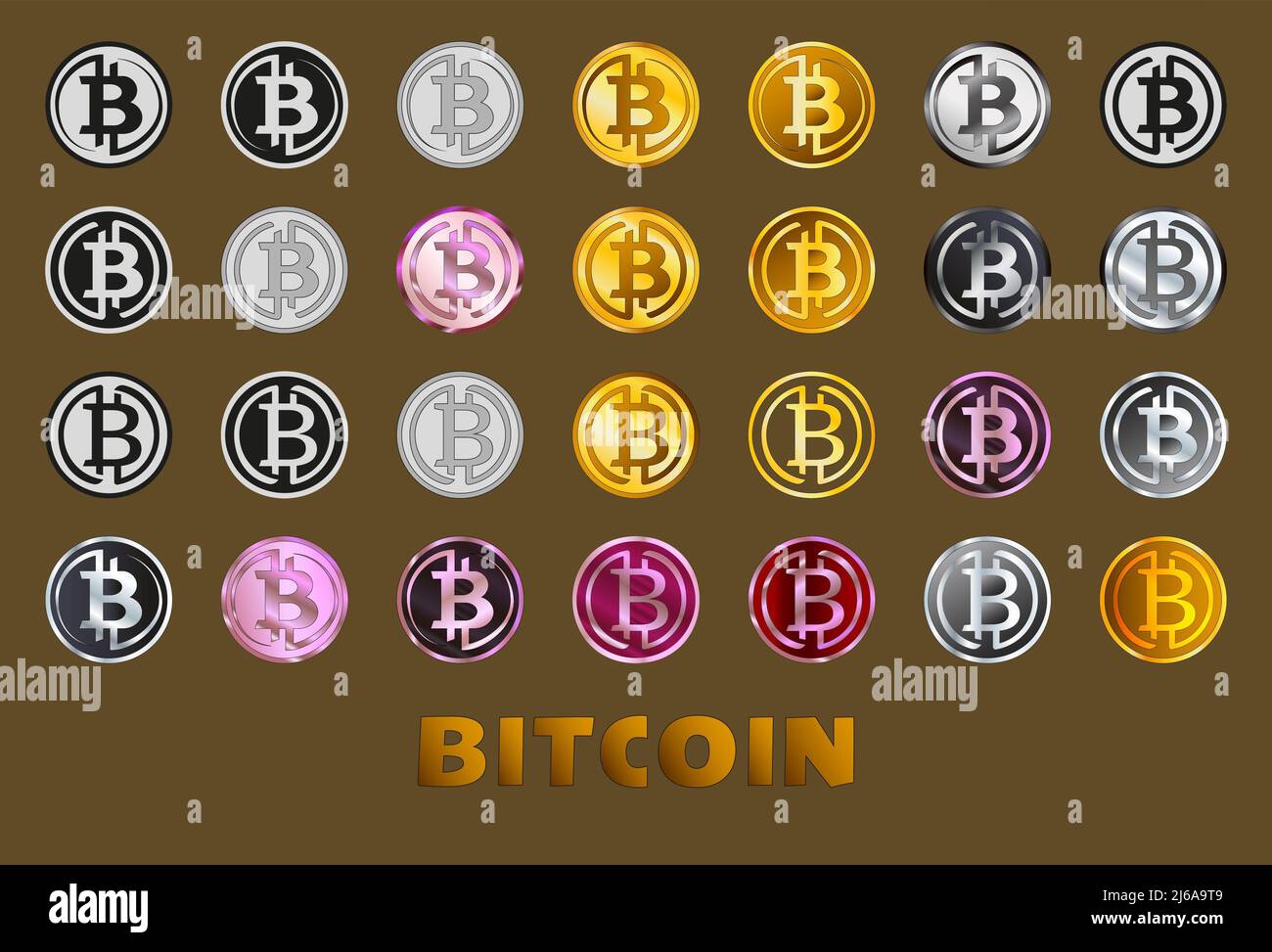 A set of Bitcoin logos in various metallic color palettes. Illustration ...