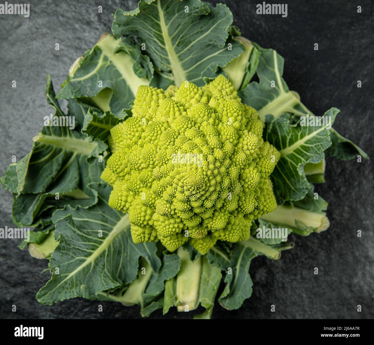 Romanesco broccoli head on a dark stone surface, cabbage, close up ...