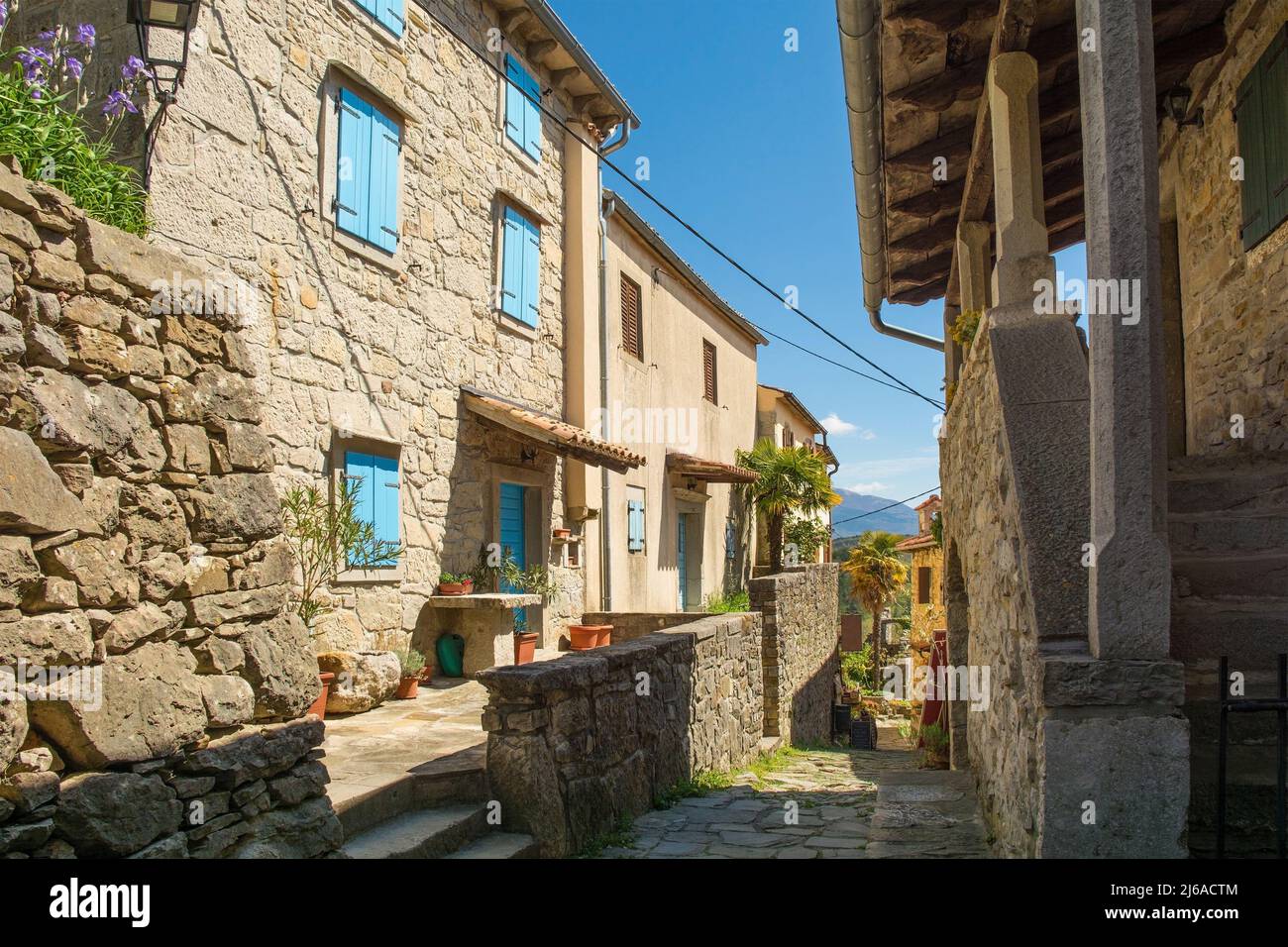An historic residential street of in the medieval village of Hum in ...