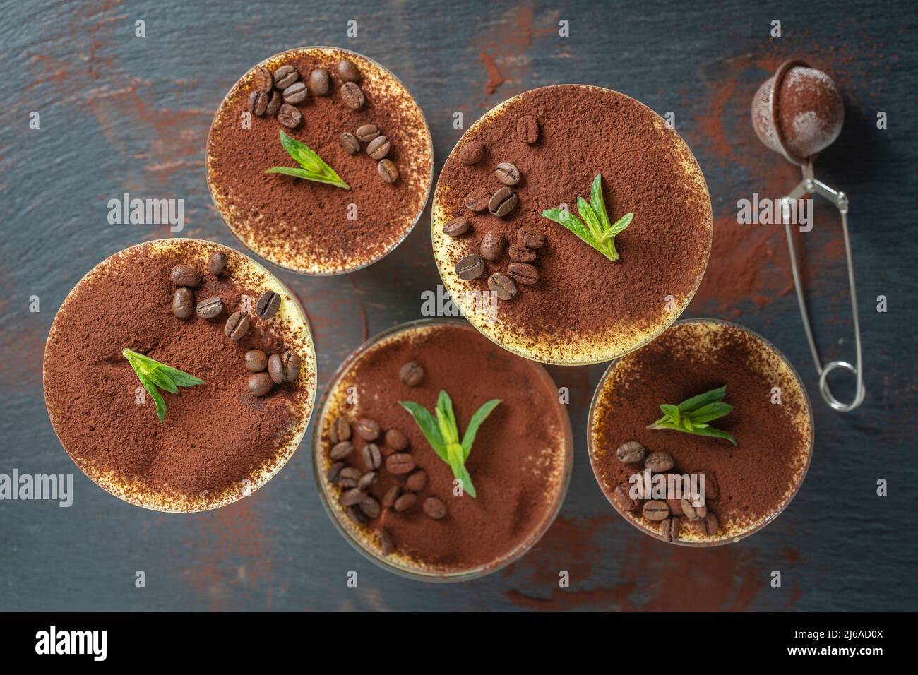 Traditional Italian dessert tiramisu decorated with cocoa powder ...