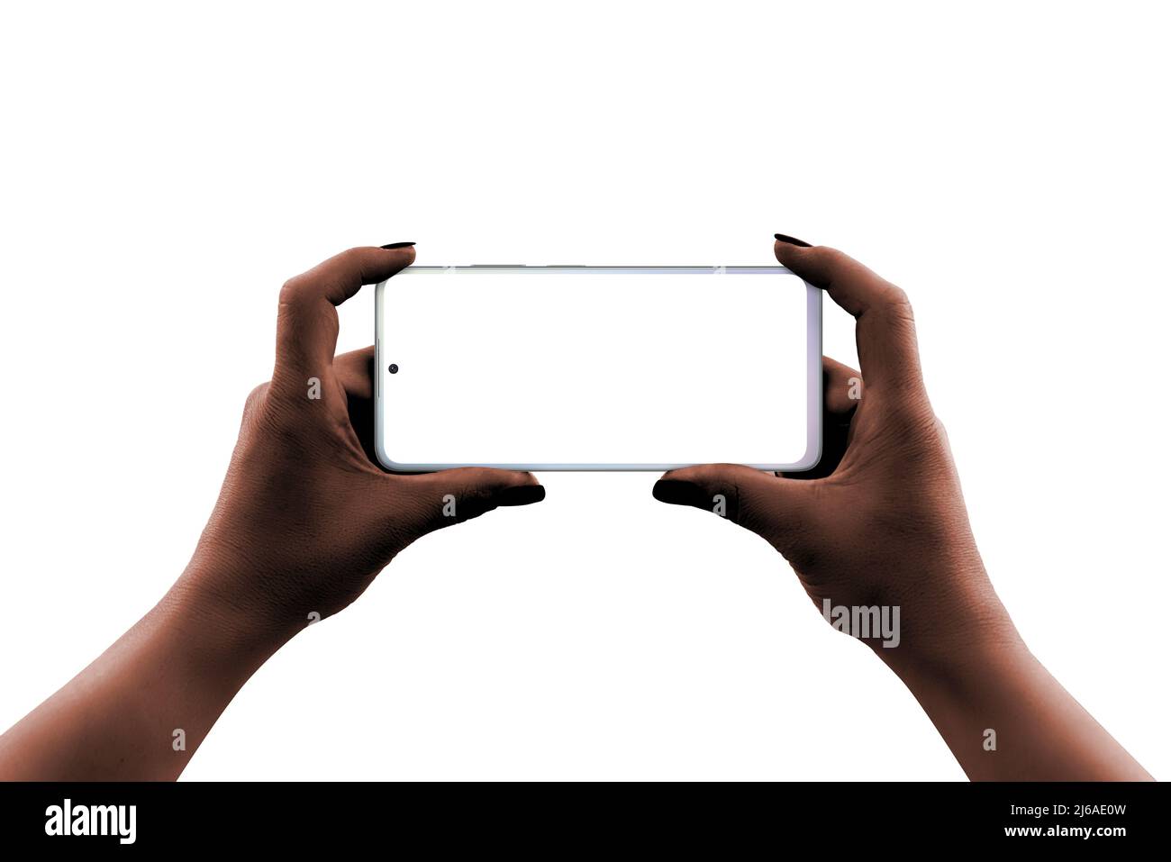 Phone in woman hands horizontal. Isolated background and display for ...