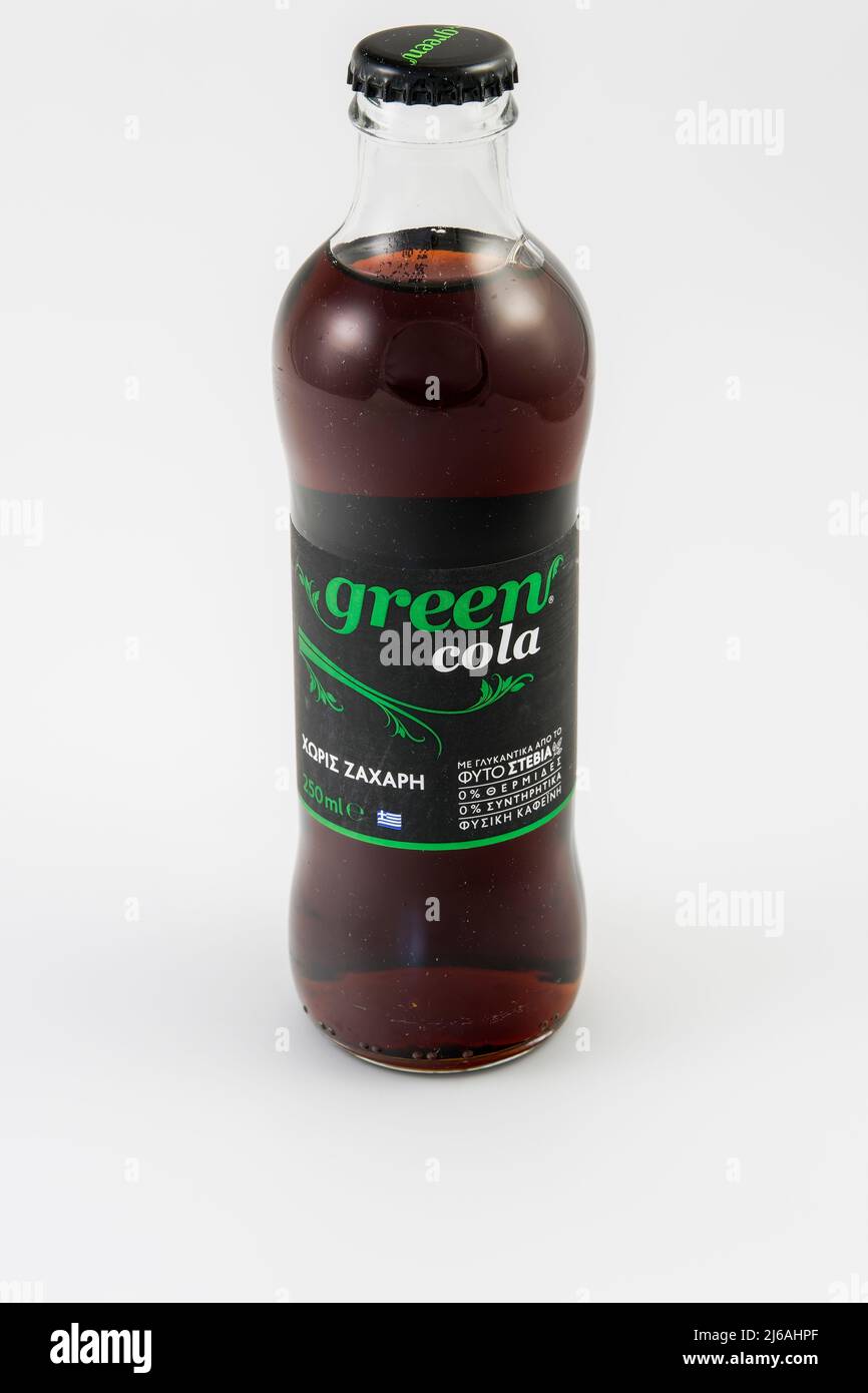 Green cola with logo 250 ml glass bottle of carbonated soda Greek drink ...