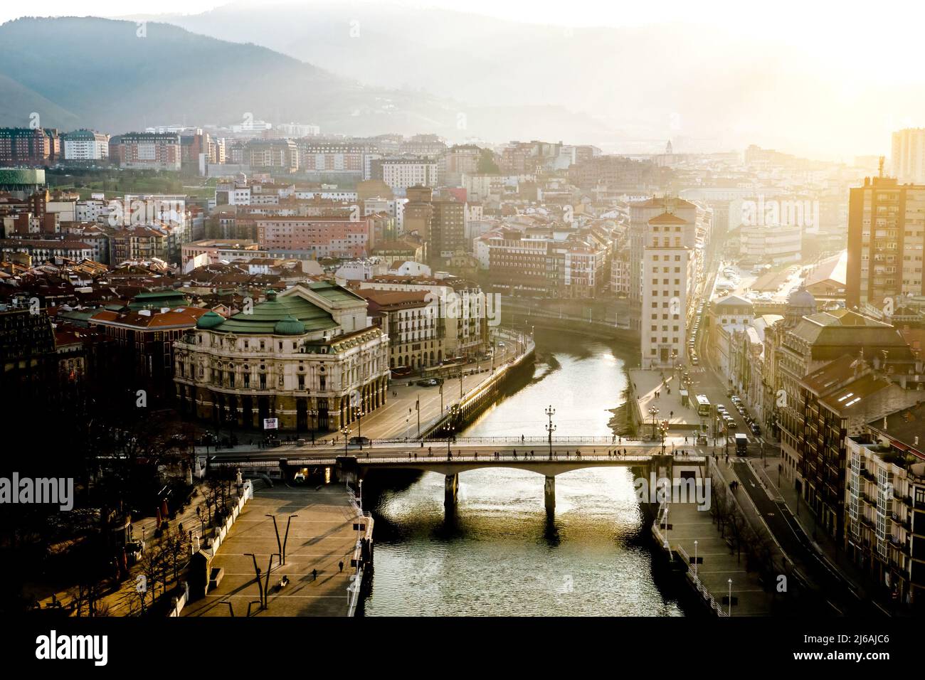 Bilbao skyline, view from above. Beautiful city between mountains on ...