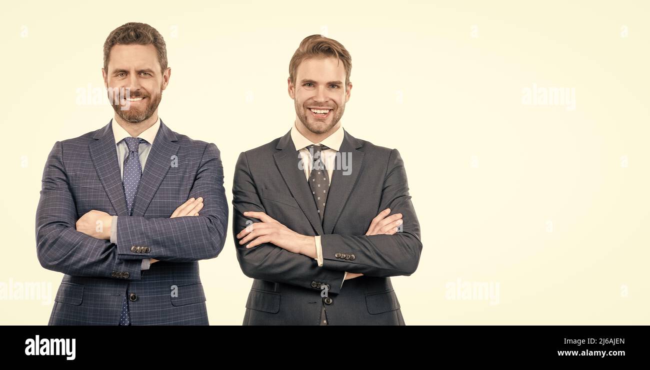 two happy men in suit. businessmen isolated on white. boss and employee ...