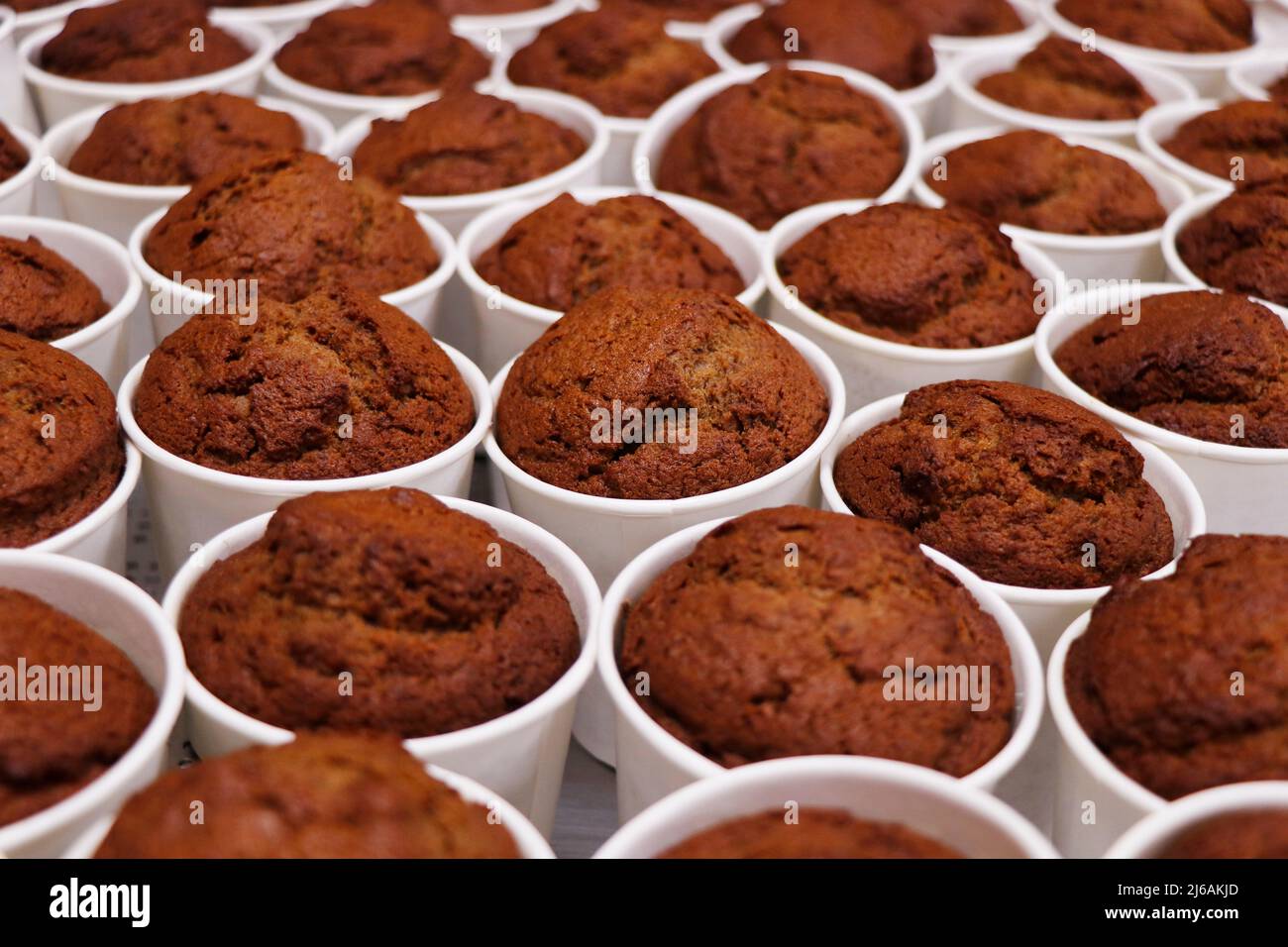 production of baked date pudding in white cups Stock Photo - Alamy