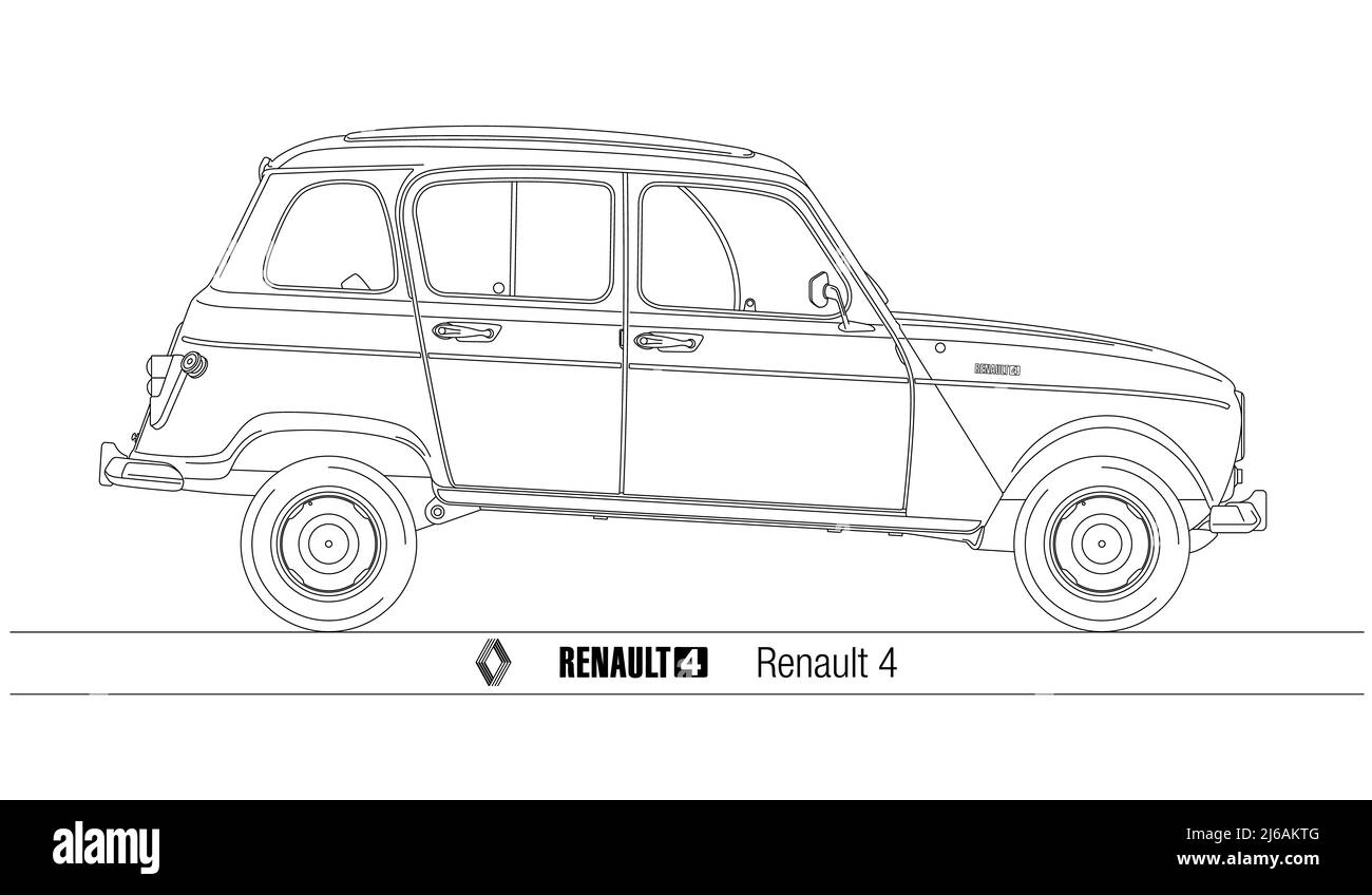 Renault 4 french vintage car silhouette outlined, illustration Stock ...