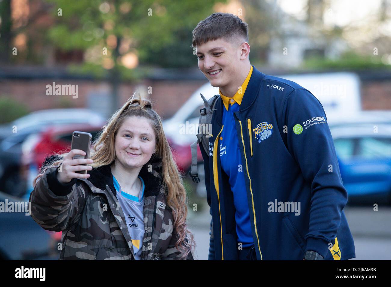 Leeds, UK. 29th Apr, 2022. Sam Walters (22) of Leeds Rhinos arrives at ...