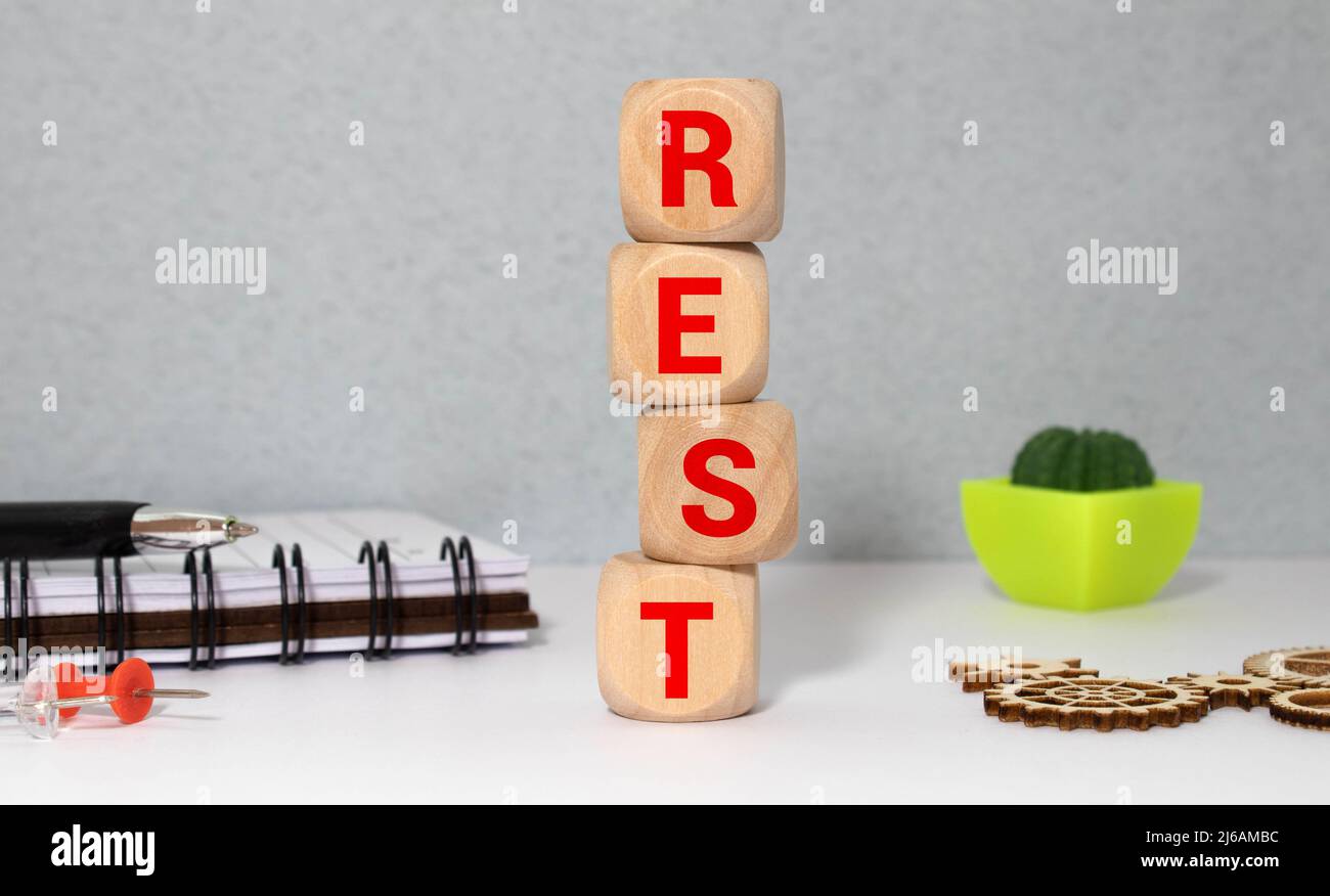The word Rest written in vintage metal letterpress type isolated on a ...