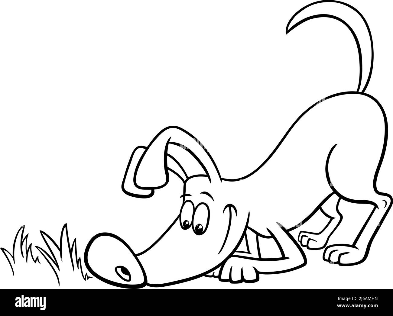 Black and white cartoon illustration of funny sniffing dog animal ...