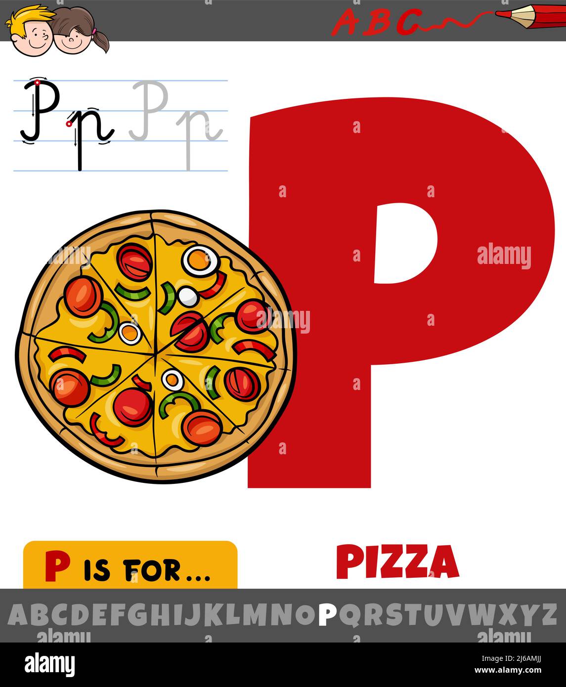 Educational cartoon illustration of letter P from alphabet with pizza ...