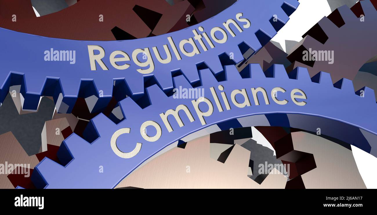 Regulations Compliance words on gears, 3d rendering Stock Photo - Alamy