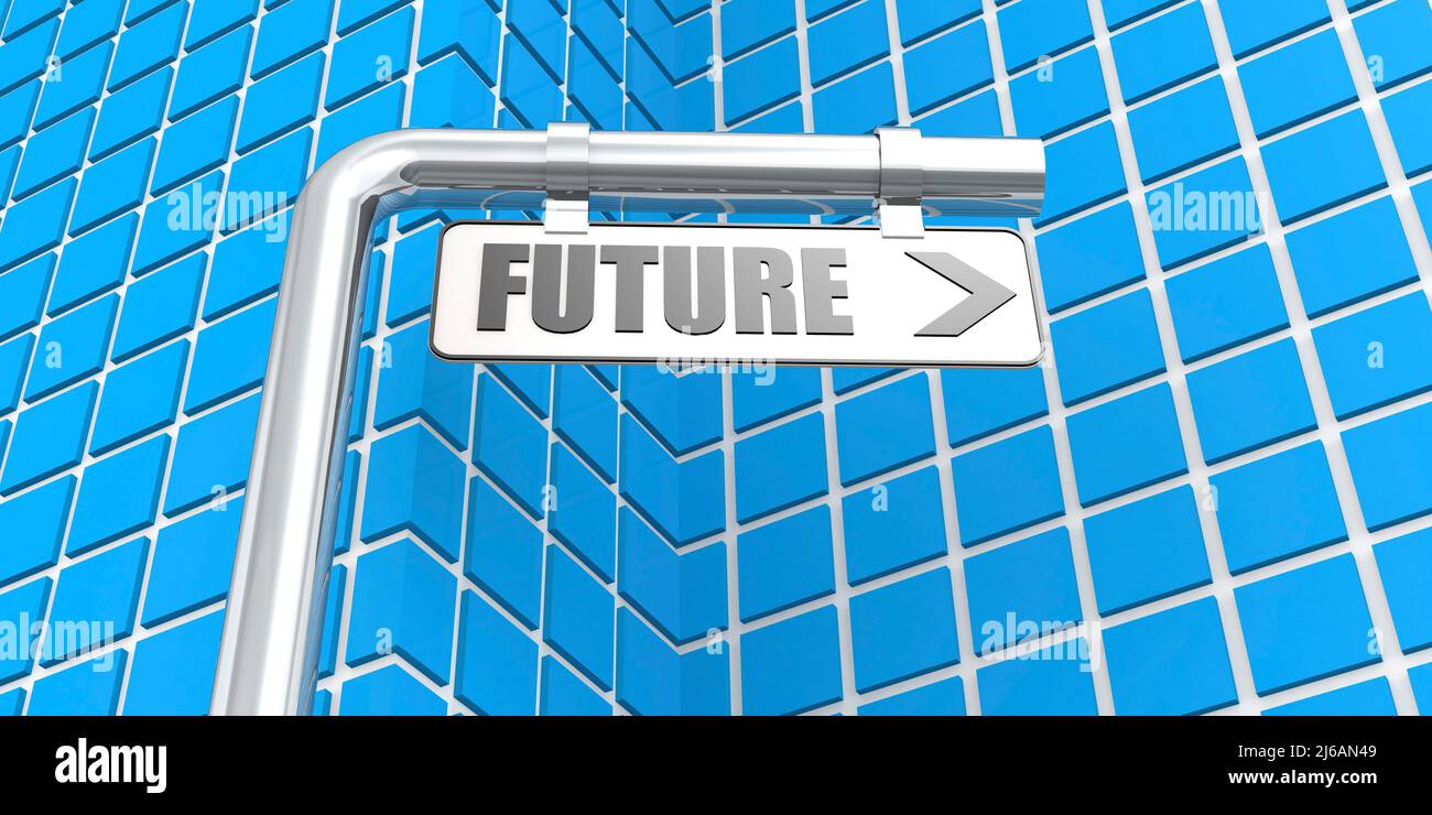 Future road sign with blue building, 3d rendering Stock Photo - Alamy