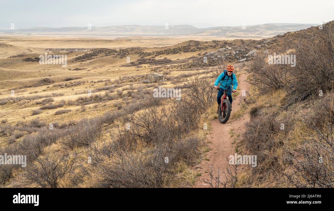 lonely cyclist riding fat mountain bike on a single track trail in ...
