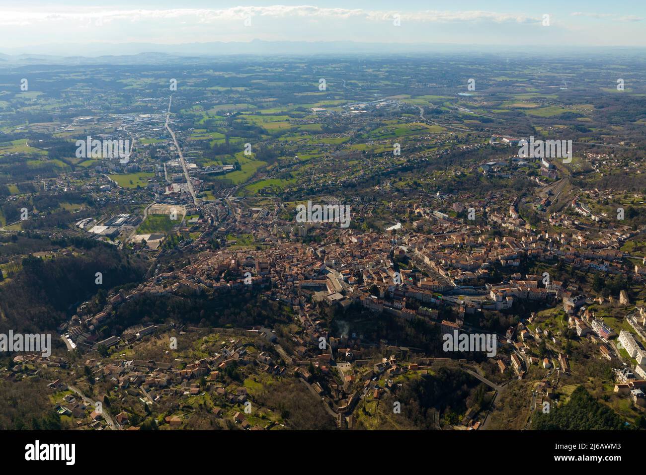 Aerial view of dense historic center of Thiers town in Puy-de-Dome ...