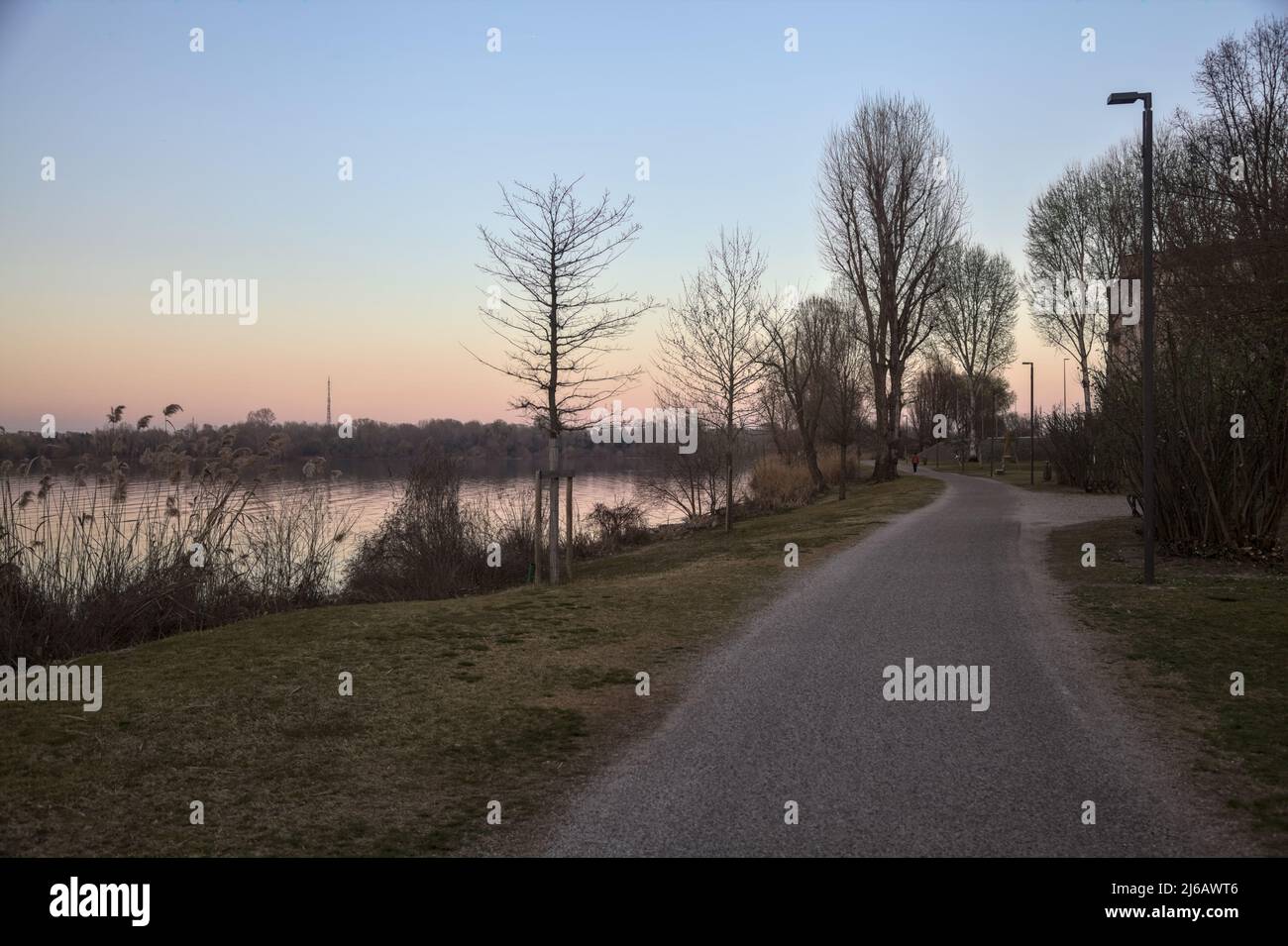 Path by the shore of a lake in a park at dusk Stock Photo - Alamy