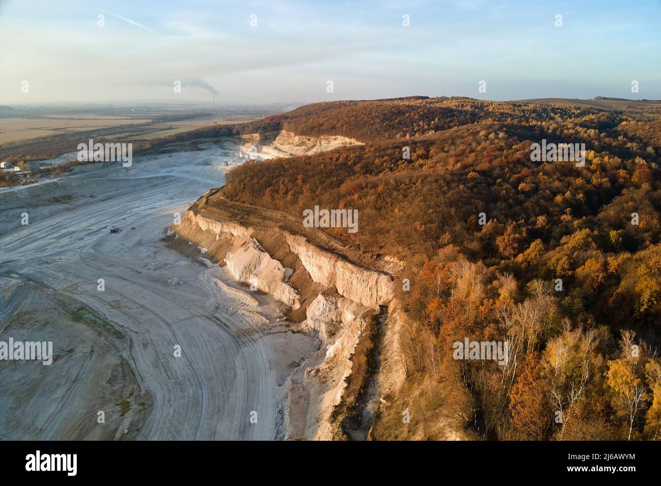 Aerial view of open pit mining site of limestone materials for ...