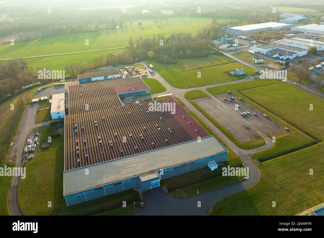 Aerial view of new factory building for producing and shipping of ...