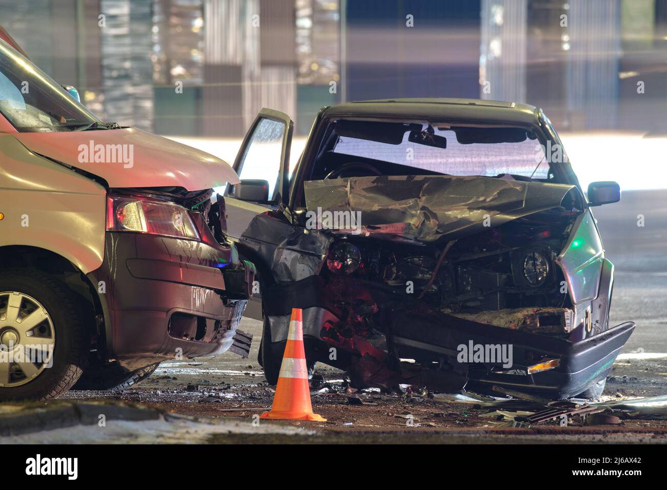 Cars crashed heavily in road accident after collision on city street at ...