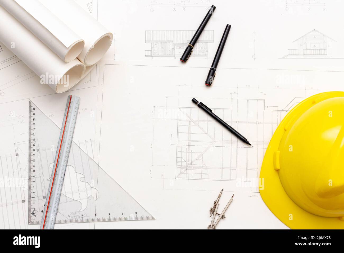 Mockup of architectural concept, Drawing tools and engineer drawing on ...