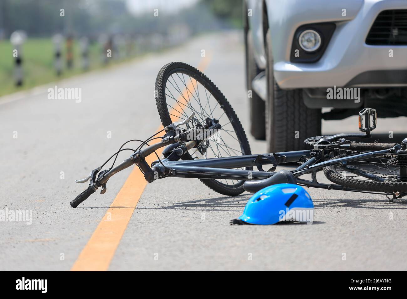 Accident car crash with bicycle on road Stock Photo - Alamy