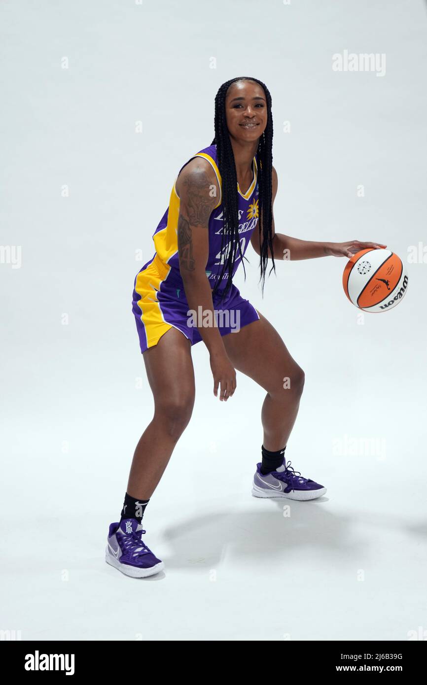 Los Angeles Sparks forward Jasmine Walker (40) poses during media day, Wednesday, Apr. 27, 2022 ...