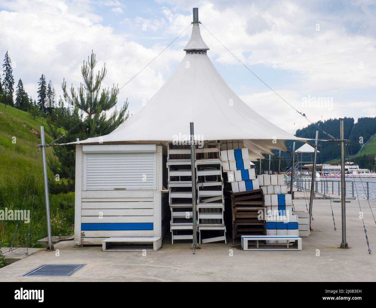 Empty sun loungers stand under a canopy Stock Photo - Alamy