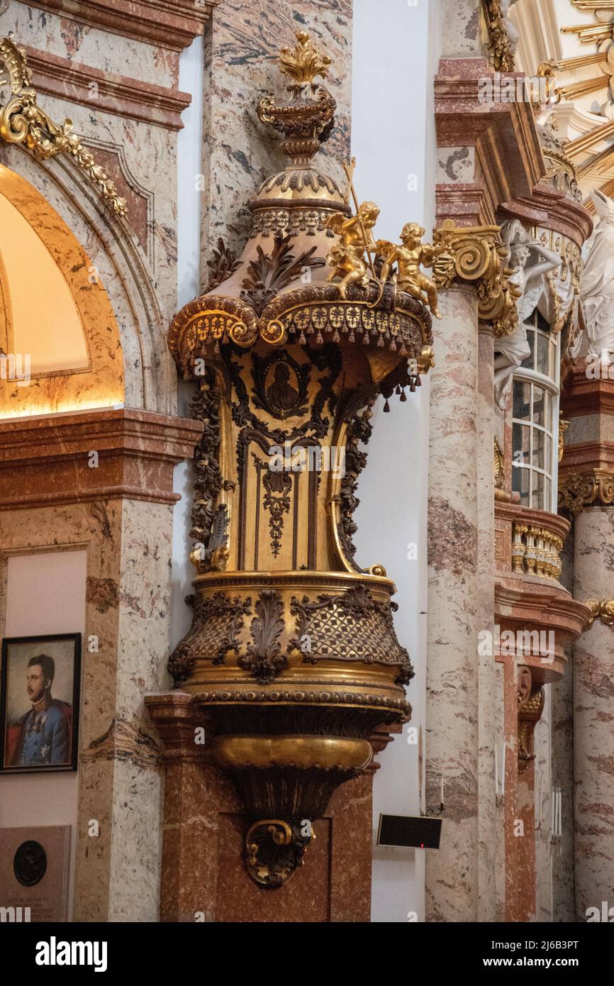 Baroque pulpit in the Karlskirche, Vienna. The abat-voix forms a canopy ...