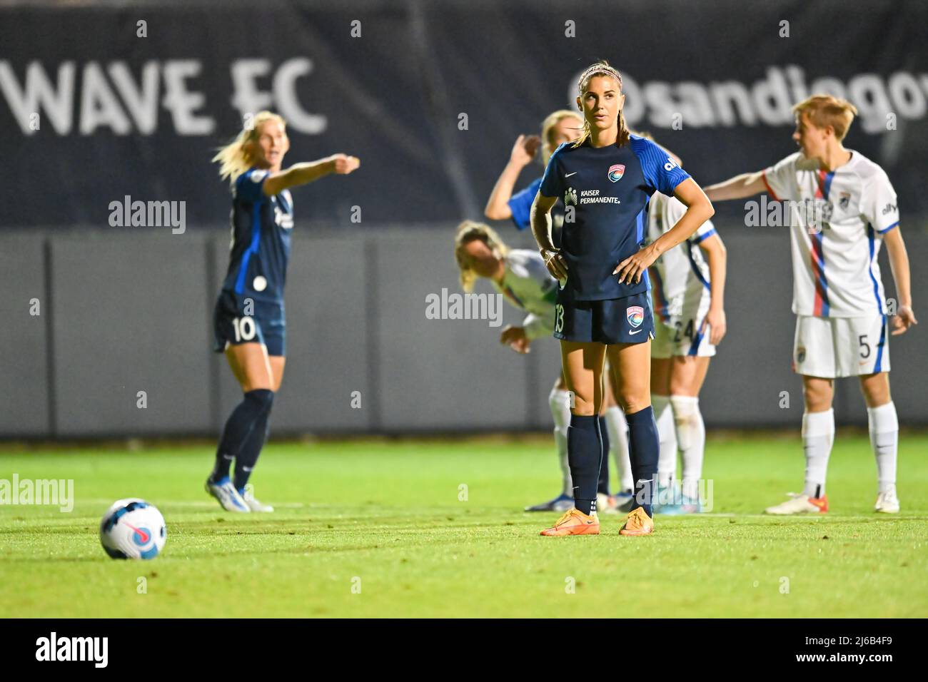 April 23, 2022: San Diego Wave FC forward Alex Morgan (13) waits on a ...